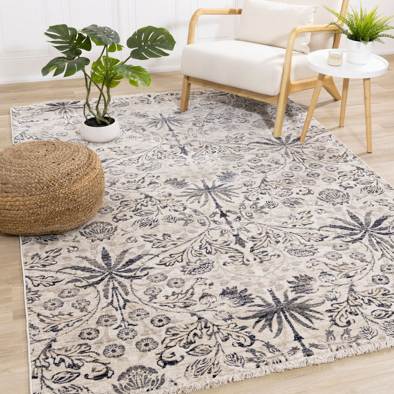 Midnight Garden 5'3" x 7'10" Ornate Leaf Pattern Area Rug - Cream | Leon's